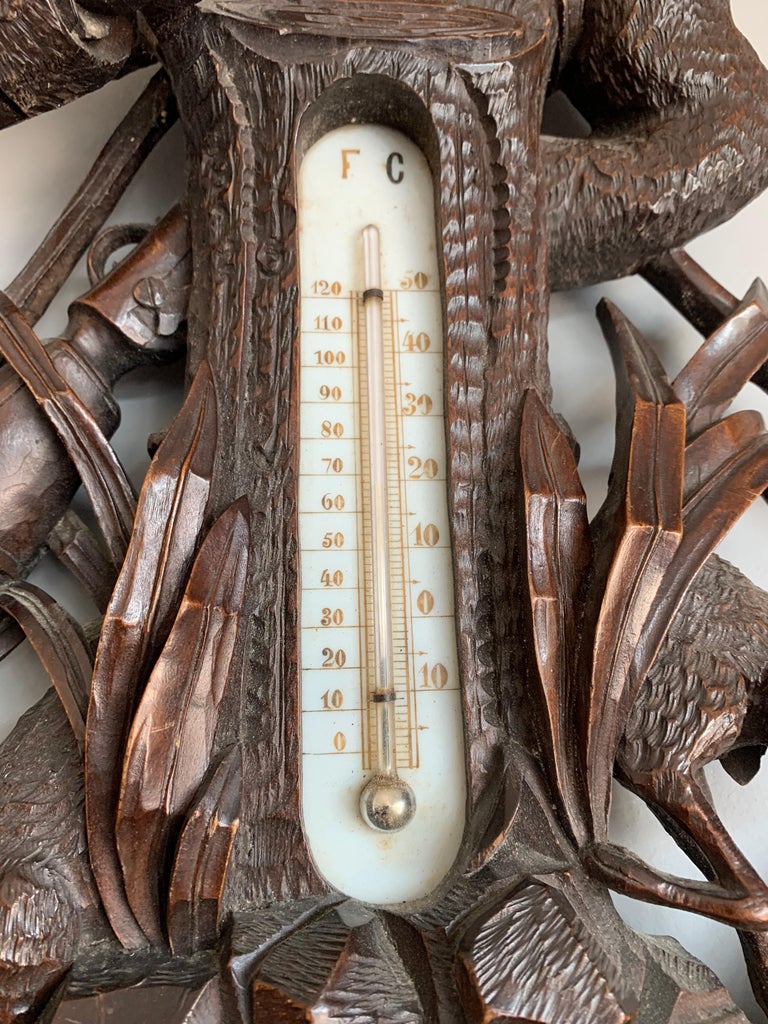Large Black Forest Barometer and Thermometer with Hand Carved Hunter ...
