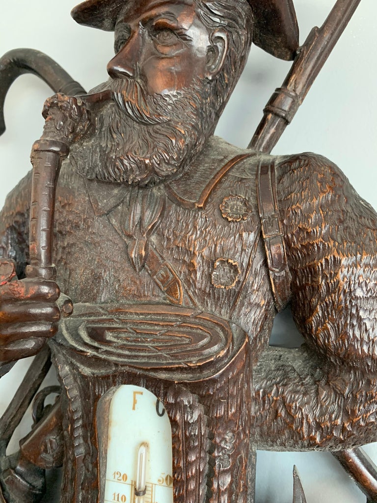 Large Black Forest Barometer and Thermometer with Hand Carved Hunter ...