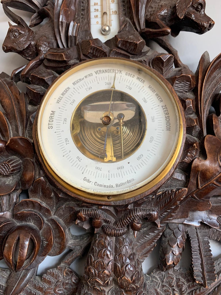 Large Black Forest Barometer and Thermometer with Hand Carved Hunter ...