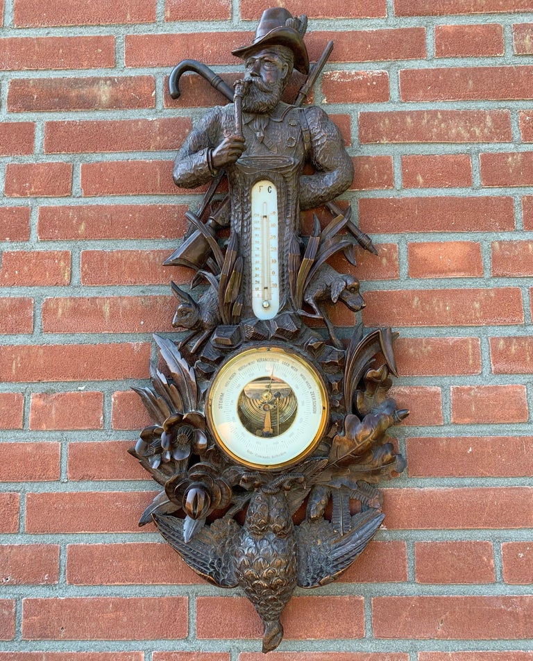 Large Black Forest Barometer and Thermometer with Hand Carved Hunter ...