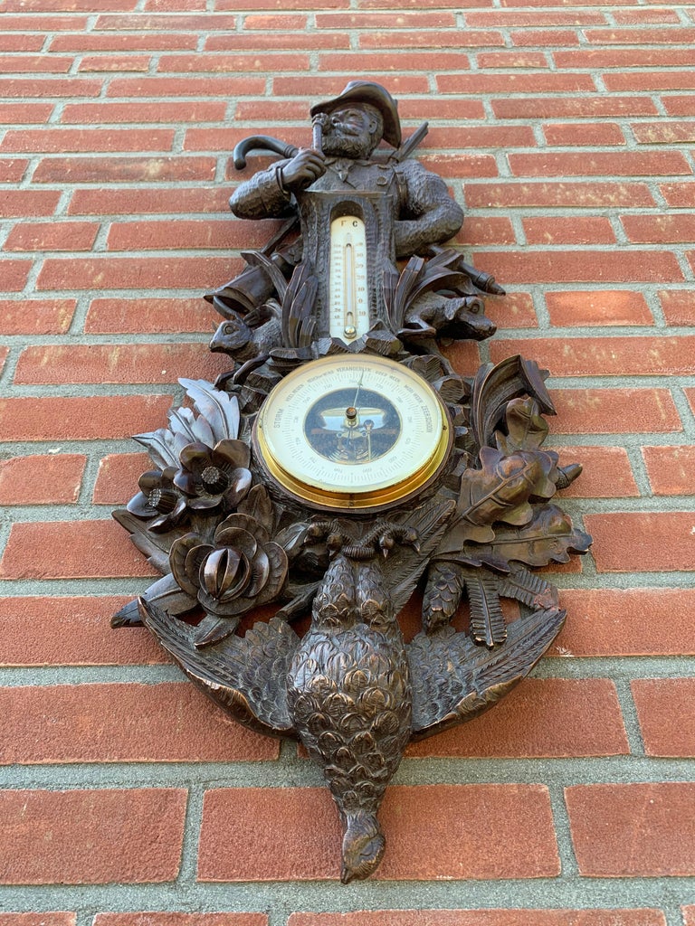 Large Black Forest Barometer and Thermometer with Hand Carved Hunter ...