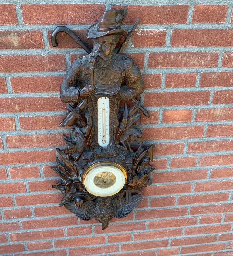 Large Black Forest Barometer and Thermometer with Hand Carved Hunter ...