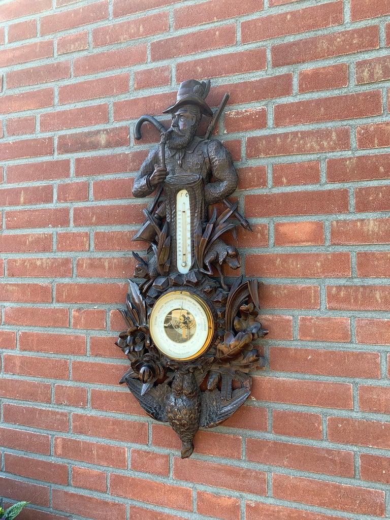 Large Black Forest Barometer and Thermometer with Hand Carved Hunter ...