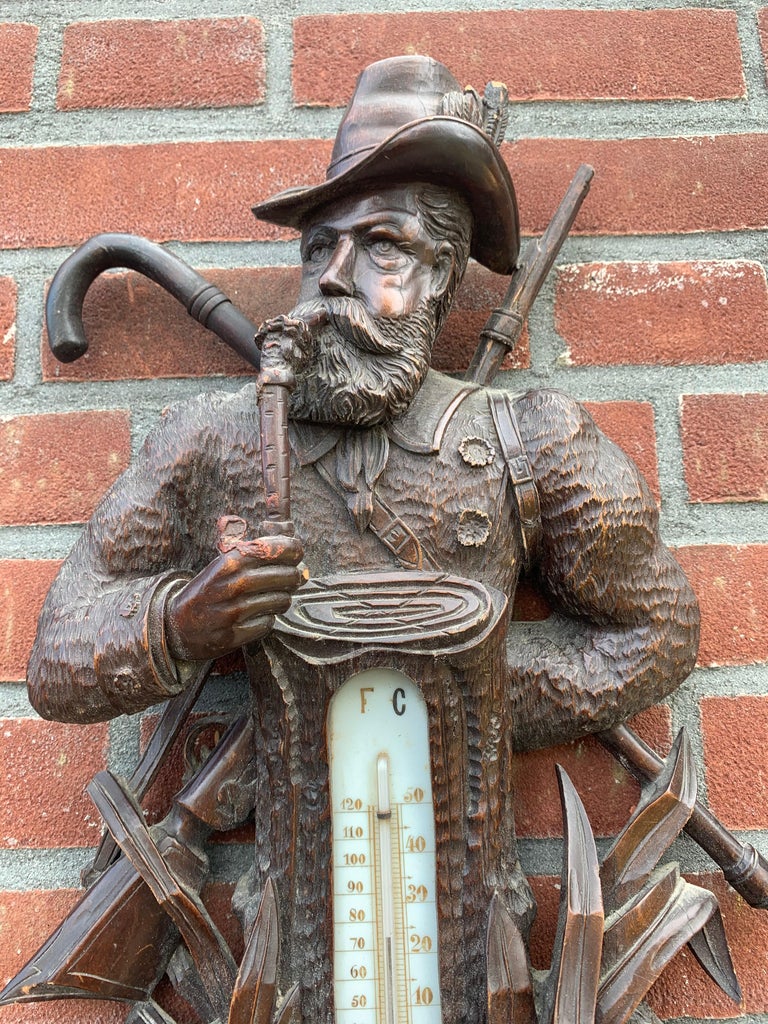 Large Black Forest Barometer and Thermometer with Hand Carved Hunter ...