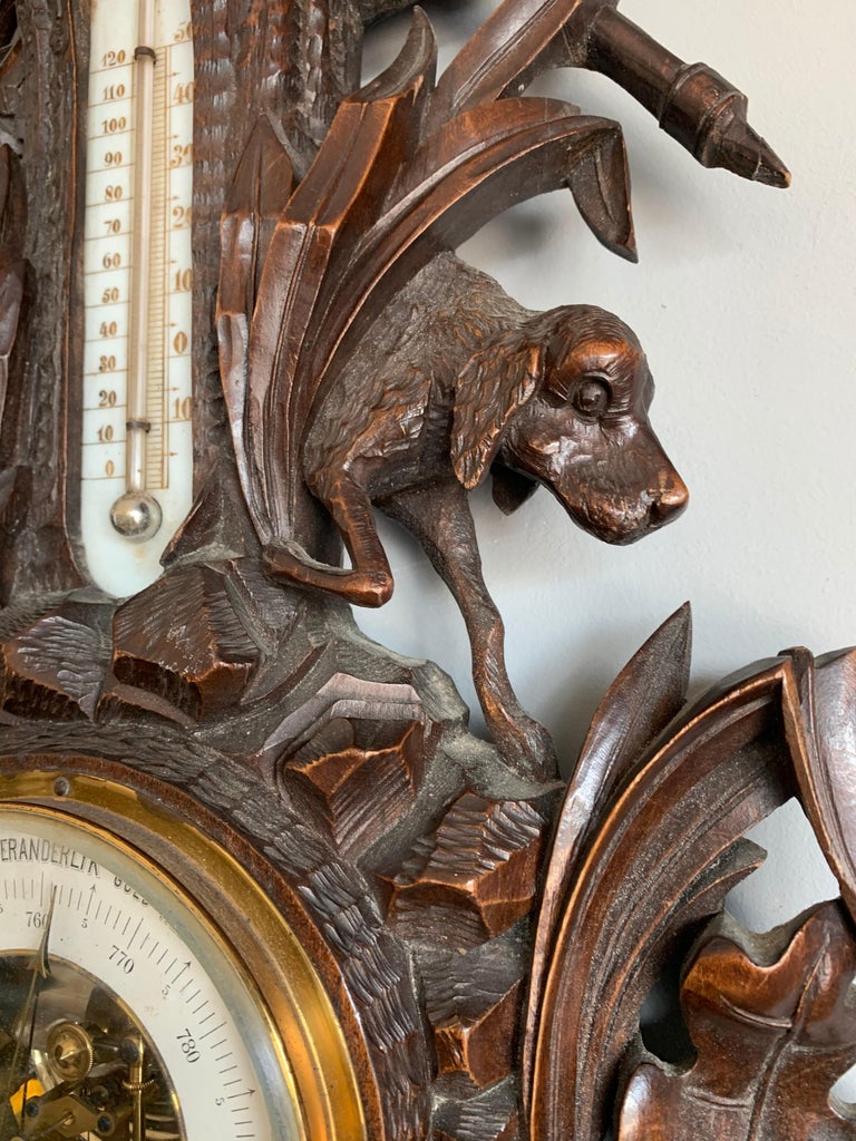 Large Black Forest Barometer and Thermometer with Hand Carved Hunter ...