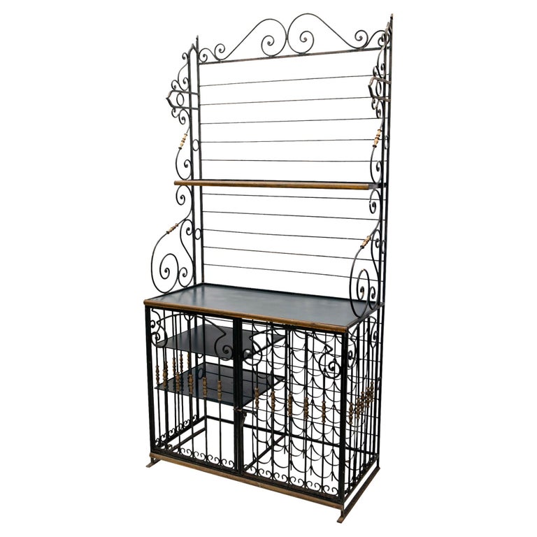 Large Black Wine and Bakers Rack in Iron and Brass For Sale at 1stDibs