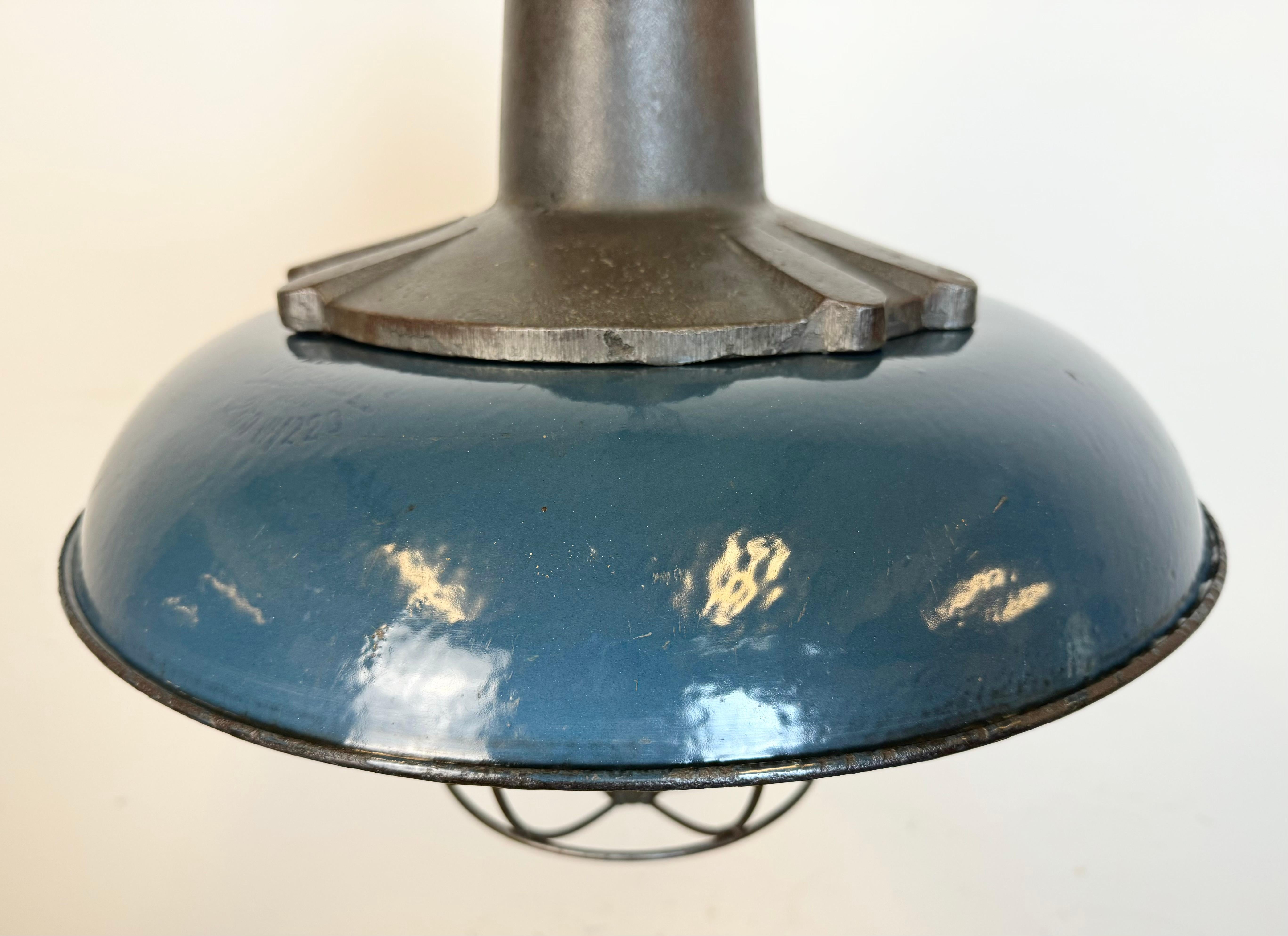 Large Blue Enamel and Cast Iron Industrial Cage Pendant Light, 1960s ...