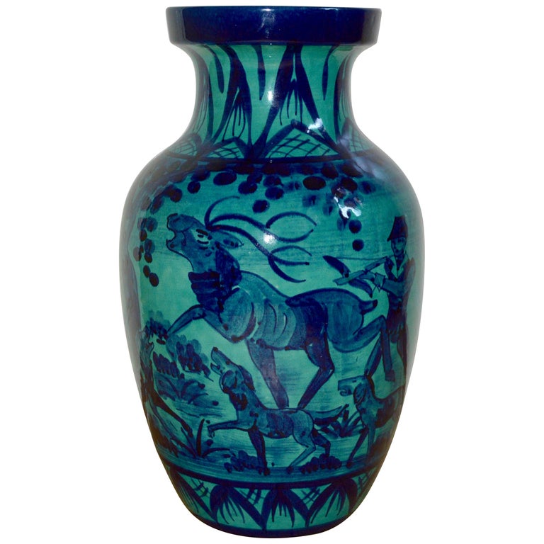 Large Blue Porcelain Floor Vase With Hunting Motive "En Camaïeu" at 1stDibs