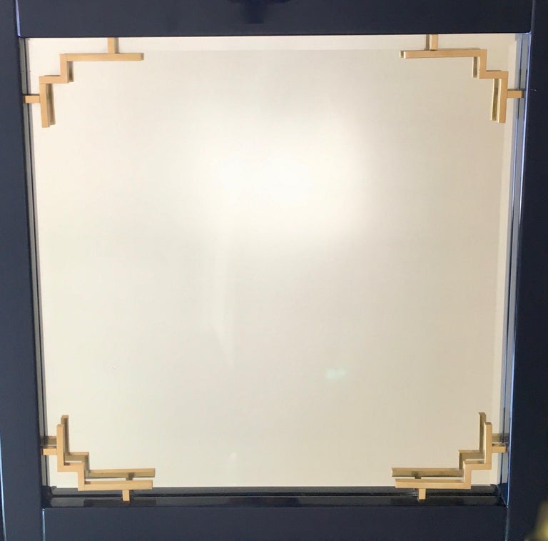 Large Blue Lacquer Mirror with Brass Details by Maison Jansen, France ...