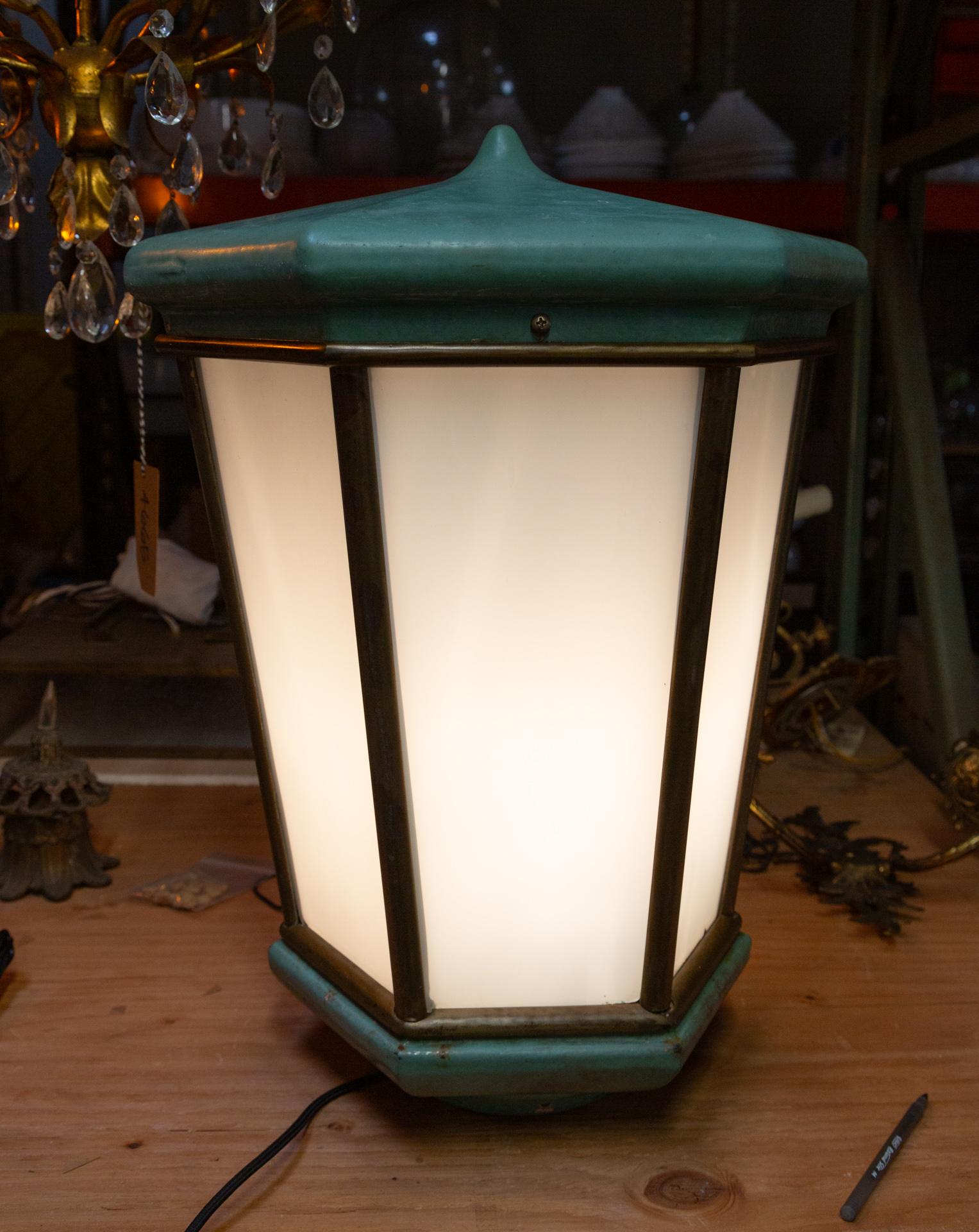 Large Blue Porcelain Enameled Cast Iron Lantern For Sale at 1stDibs