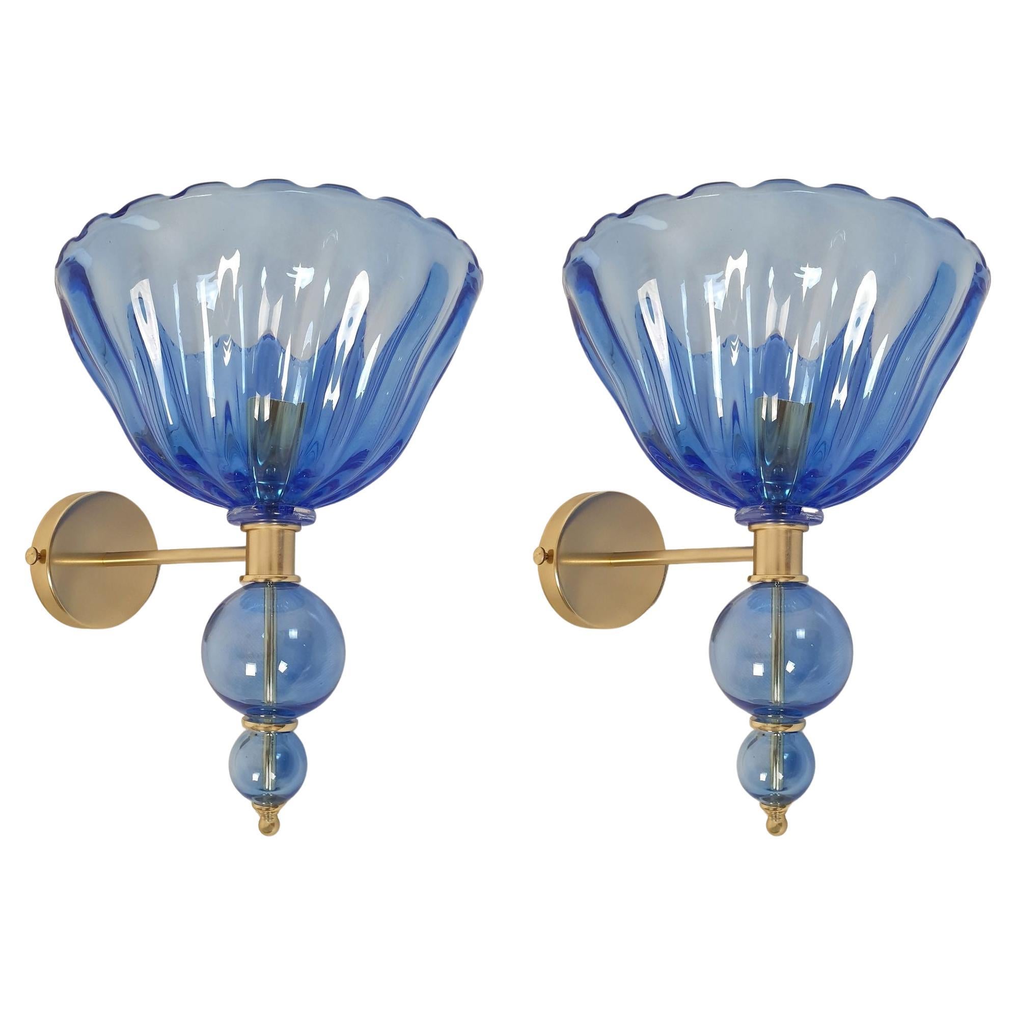 Mid-Century Light Blue Murano Glass Large Sconces, Barovier Style, a ...