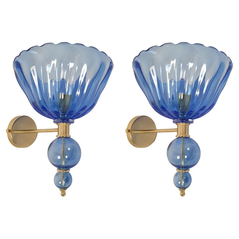 Large Blue Murano Glass Mid-Century Modern Sconces, Barovier Style, a ...