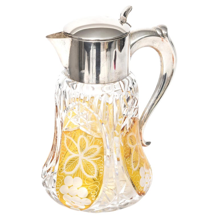 Large Bohemian Amber Cut to Clear Grape and Leaf Cut Glass Pitcher Jug ...