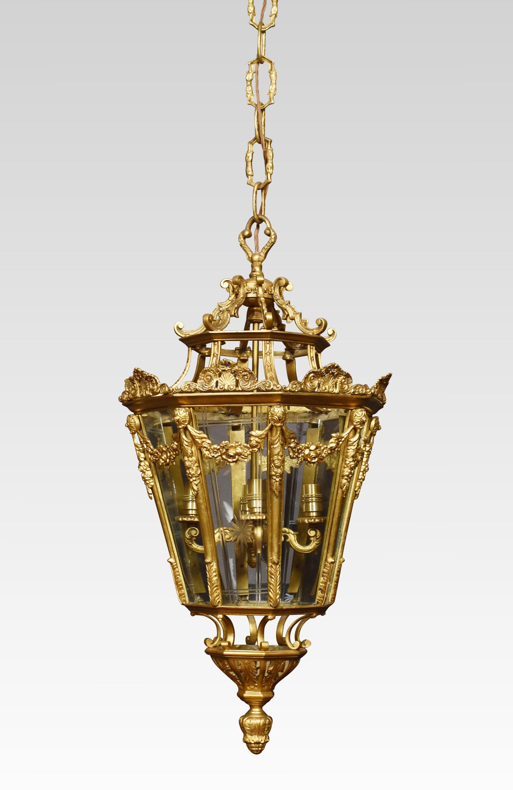 Large Brass Octagonal Cut Glass Four Light Lantern For Sale at 1stDibs
