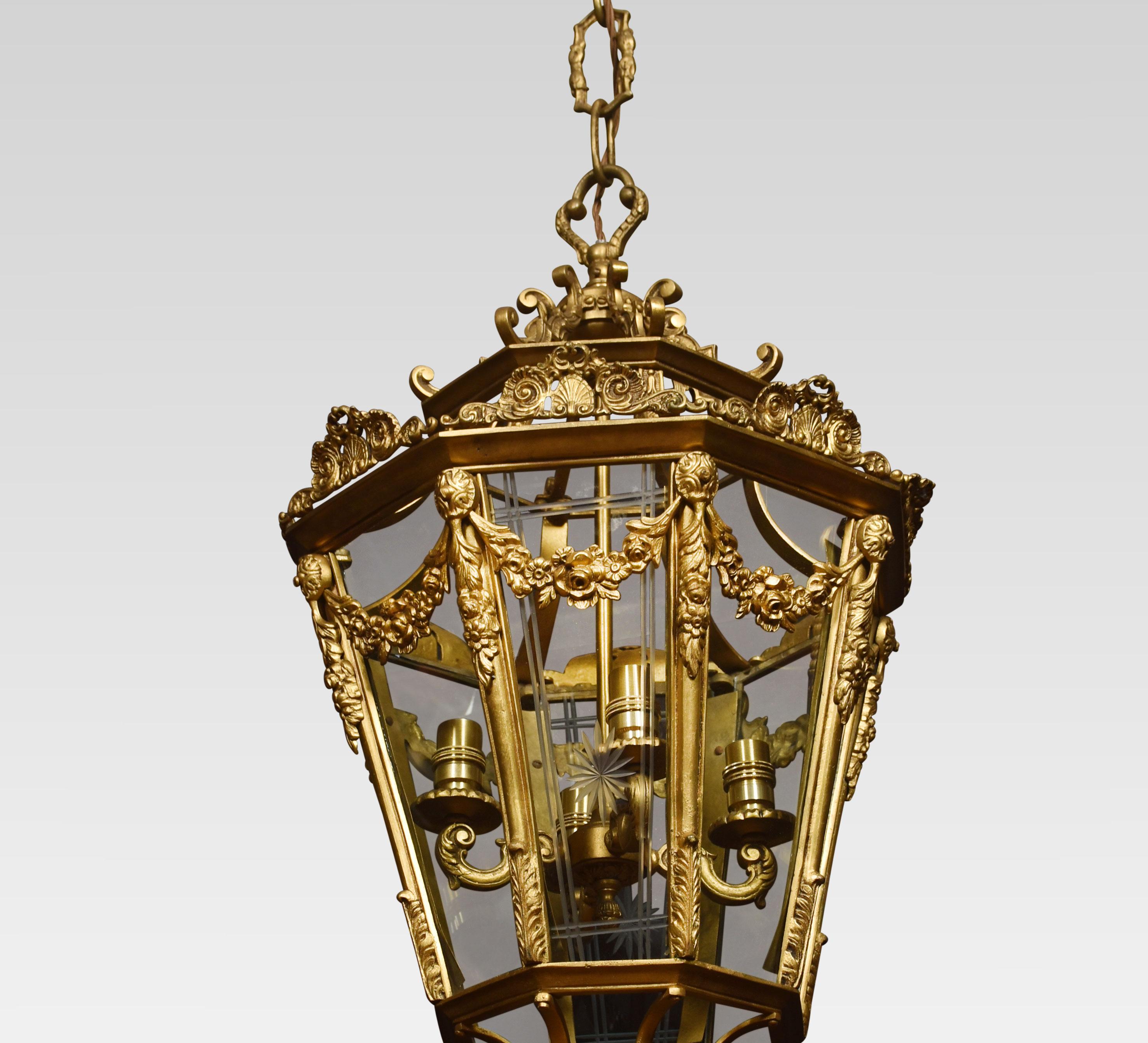 Large Brass Octagonal Cut Glass Four Light Lantern For Sale at 1stDibs