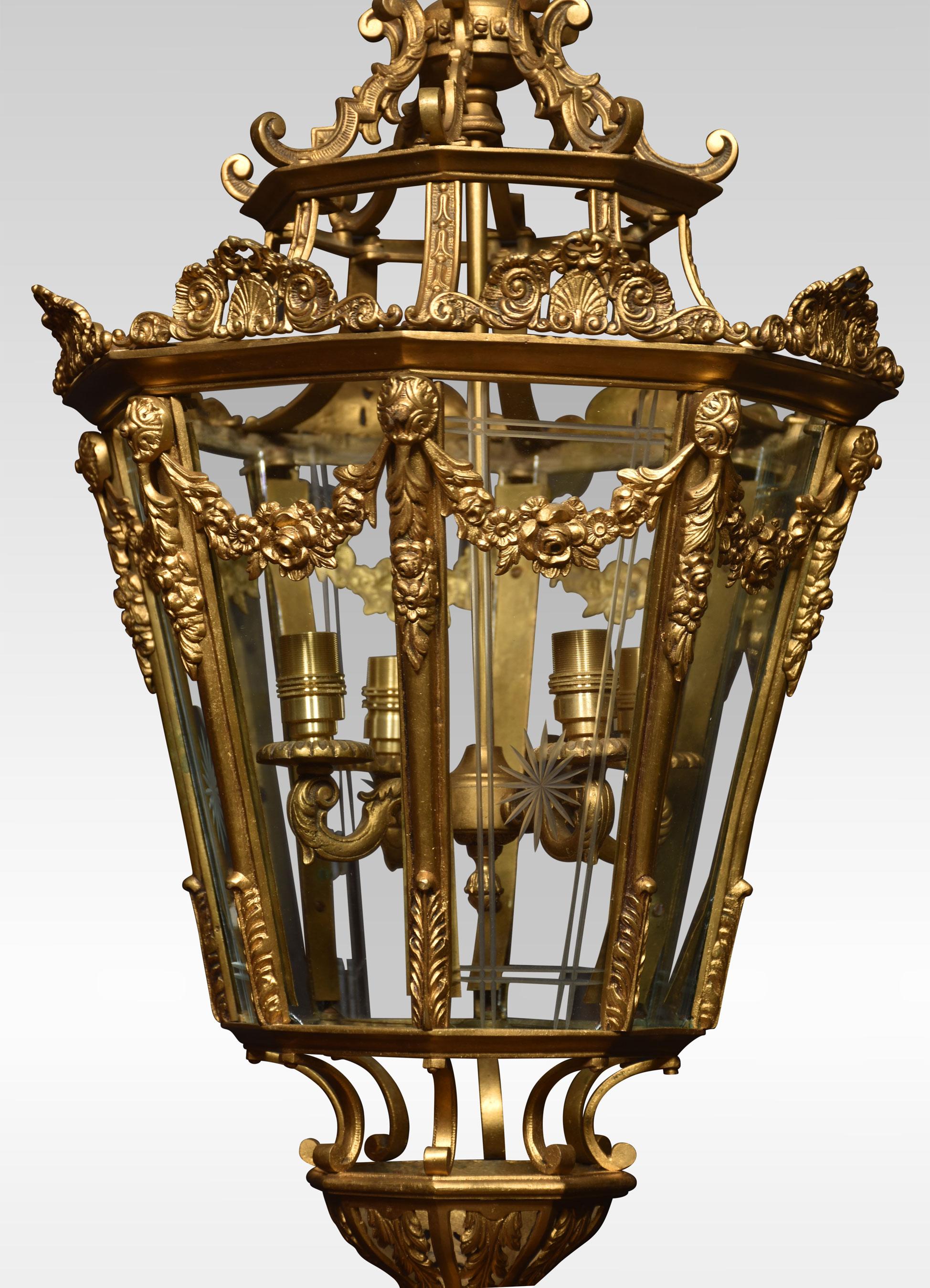 Large Brass Octagonal Cut Glass Four Light Lantern For Sale at 1stDibs