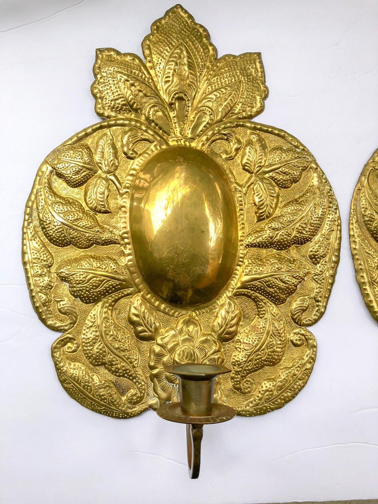 Large Brass Repousse Wall Sconces, Pair For Sale at 1stDibs