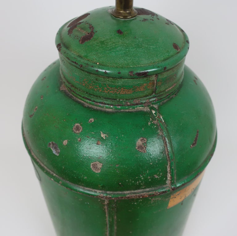 Large Brilliant Green Tin Canister Lamp For Sale at 1stDibs