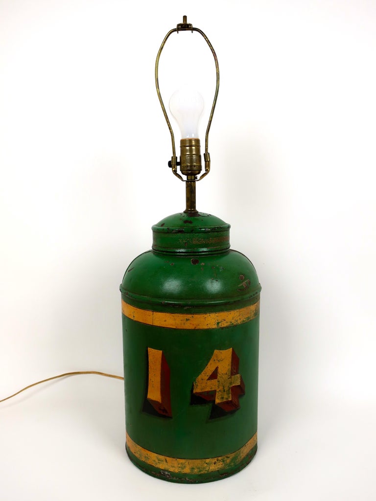 Large Brilliant Green Tin Canister Lamp For Sale at 1stDibs