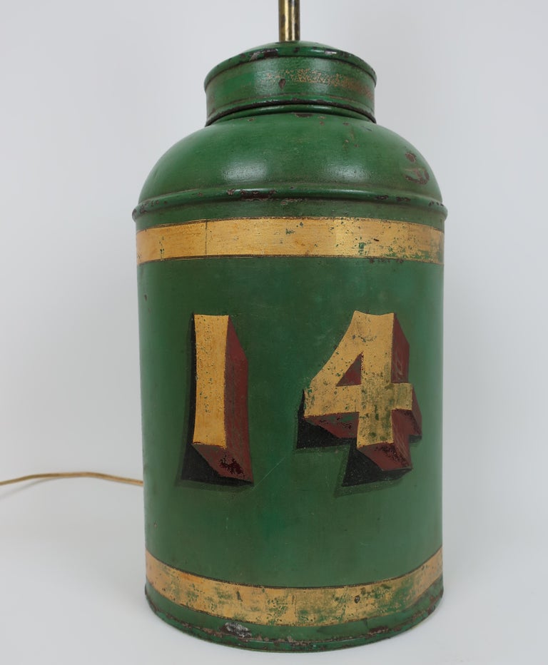 Large Brilliant Green Tin Canister Lamp For Sale at 1stDibs