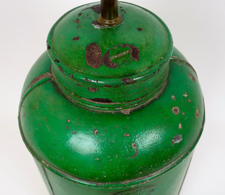Large Brilliant Green Tin Canister Lamp For Sale at 1stDibs