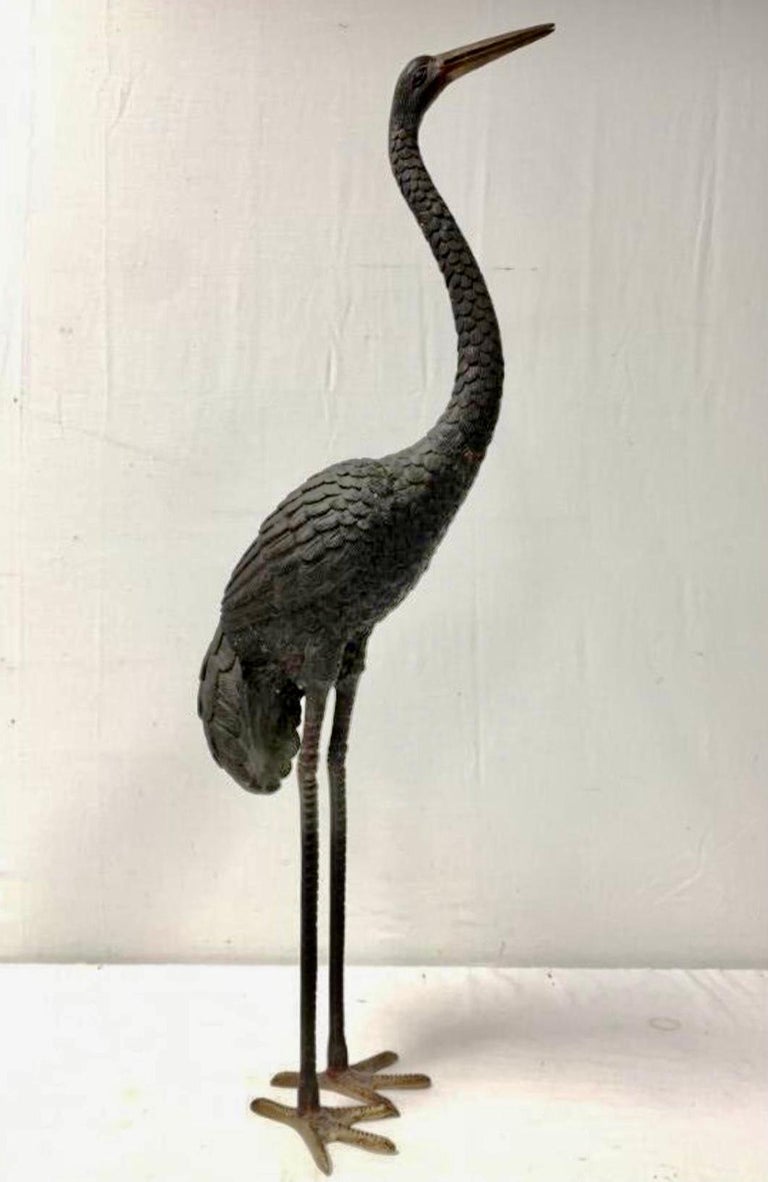 Large Bronze Standing Crane Statue at 1stDibs