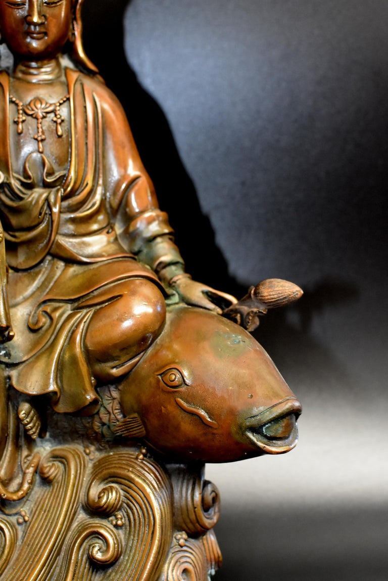 Large Bronze Statue Kwan Yin on Koi Fish at 1stDibs
