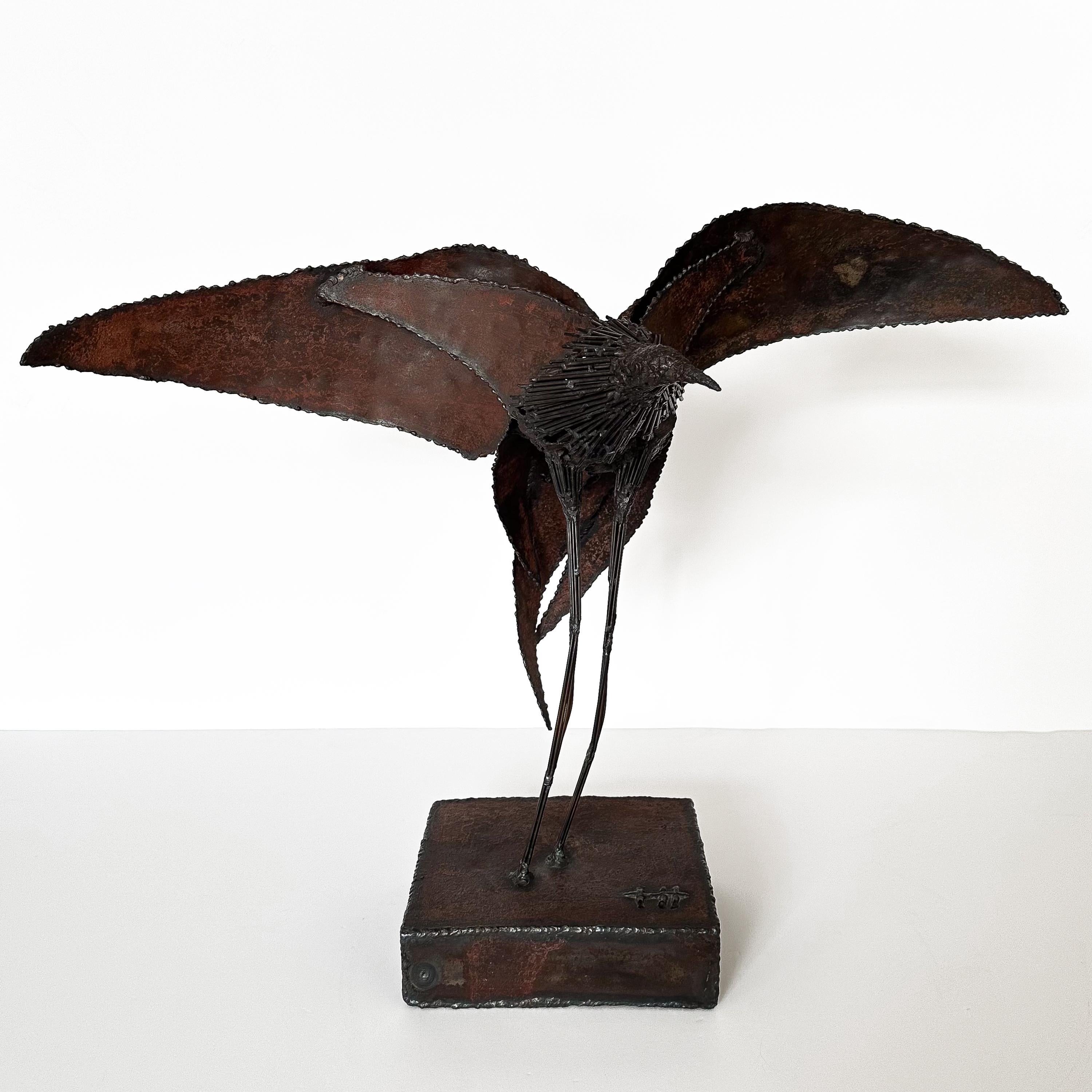 Large Brutalist Welded Steel Crow Bird Sculpture Signed For Sale at 1stDibs