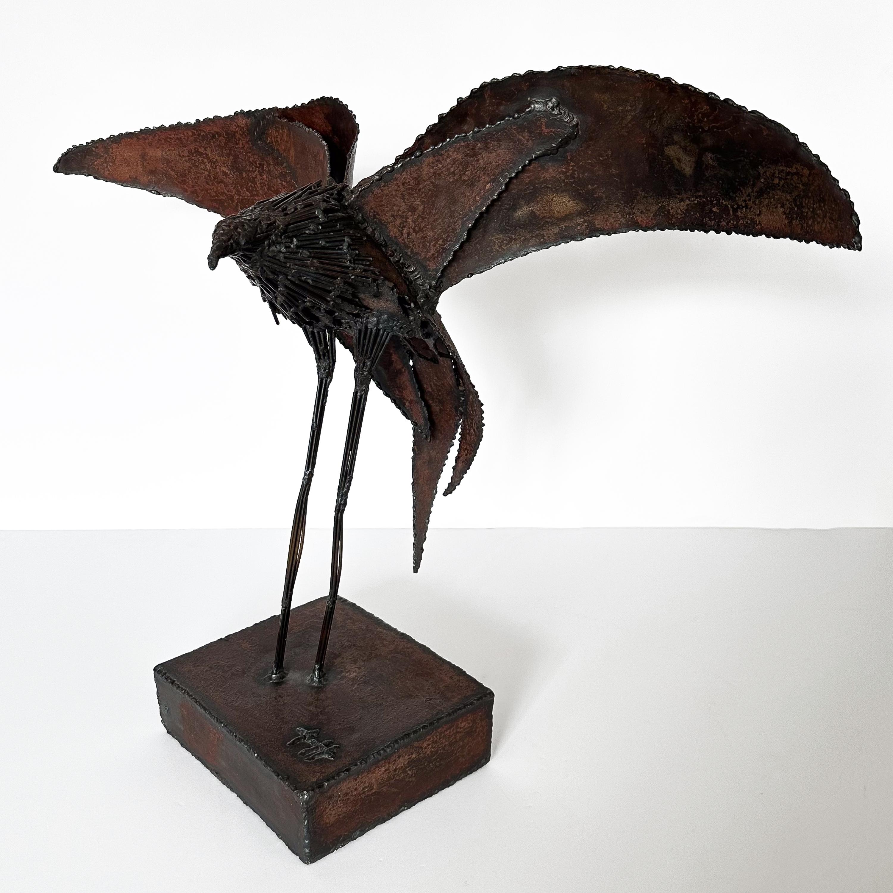 Large Brutalist Welded Steel Crow Bird Sculpture Signed For Sale at 1stDibs