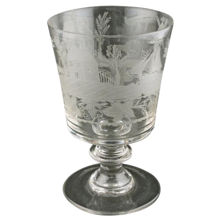 Large Bucket Bowl Engraved Glass Rummer, 19th Century For Sale at 1stDibs