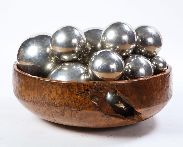 Large Burl Wood Bowl with 31 Metal Spheres, 20th Century at 1stDibs