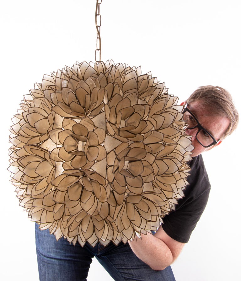 1960 Large Capiz-Shell Pendant Light Lotus Ball Chandelier at 1stDibs
