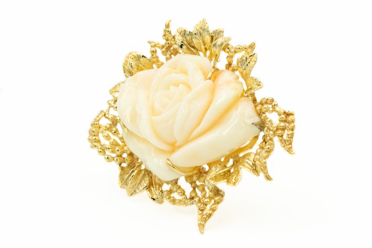 Large Carved Angel Skin Coral Rose Flower Yellow Gold Leaf Vine Brooch ...