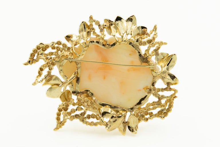 Large Carved Angel Skin Coral Rose Flower Yellow Gold Leaf Vine Brooch ...