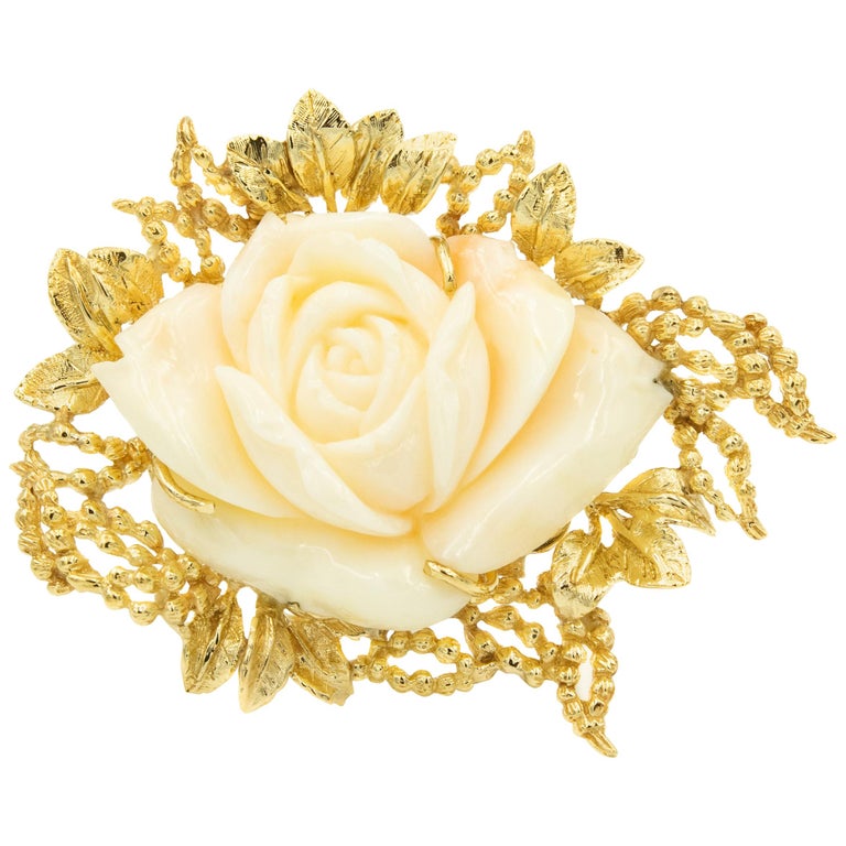 Large Carved Angel Skin Coral Rose Flower Yellow Gold Leaf Vine Brooch ...