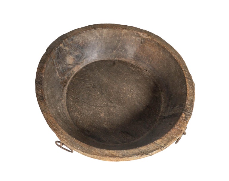 Large Carved Bowl with Weathered Ring Handle Elements For Sale at 1stDibs