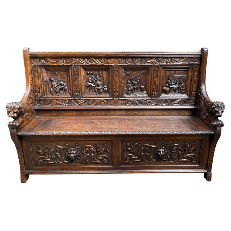 Large Carved Oak Hall Bench Settle at 1stDibs
