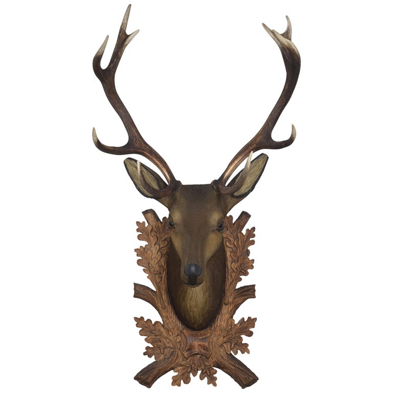 Large Carved Polychrome Decorated Stags Head For Sale at 1stDibs