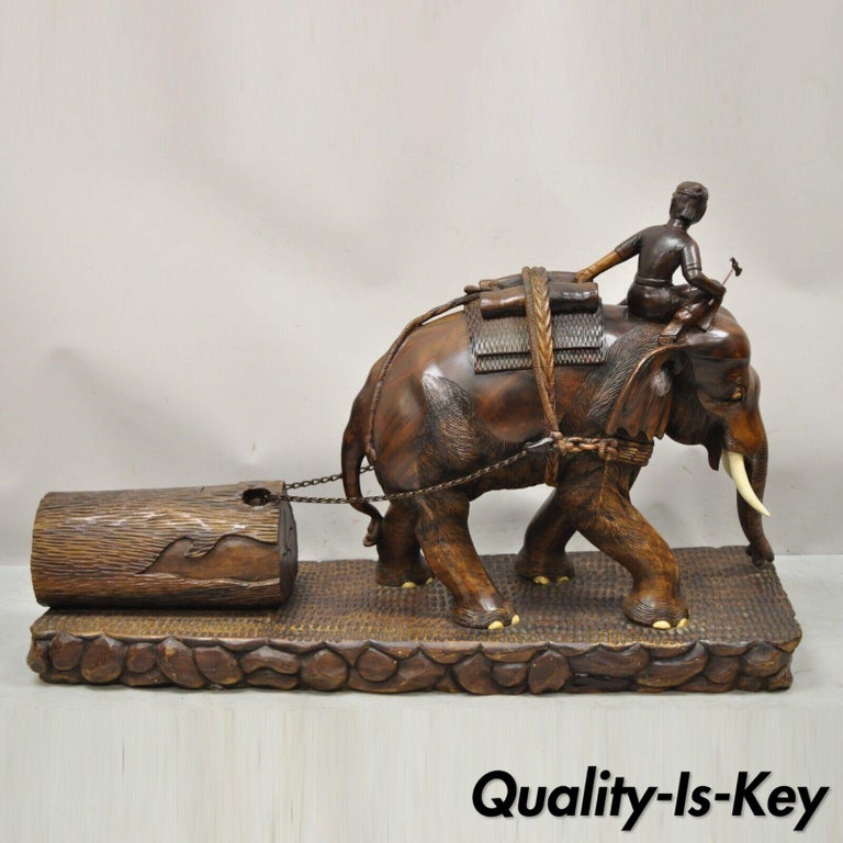 Large Carved Teak Wood Elephant Pulling Log Burmese Sculpture Figure ...