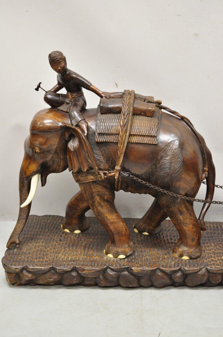 Large Carved Teak Wood Elephant Pulling Log Burmese Sculpture Figure For Sale at 1stDibs