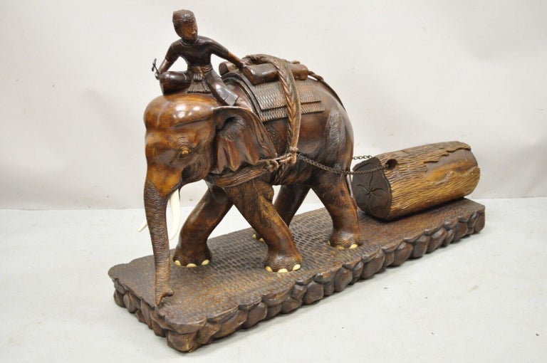 Large Carved Teak Wood Elephant Pulling Log Burmese Sculpture Figure ...