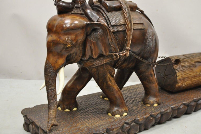 Large Carved Teak Wood Elephant Pulling Log Burmese Sculpture Figure ...