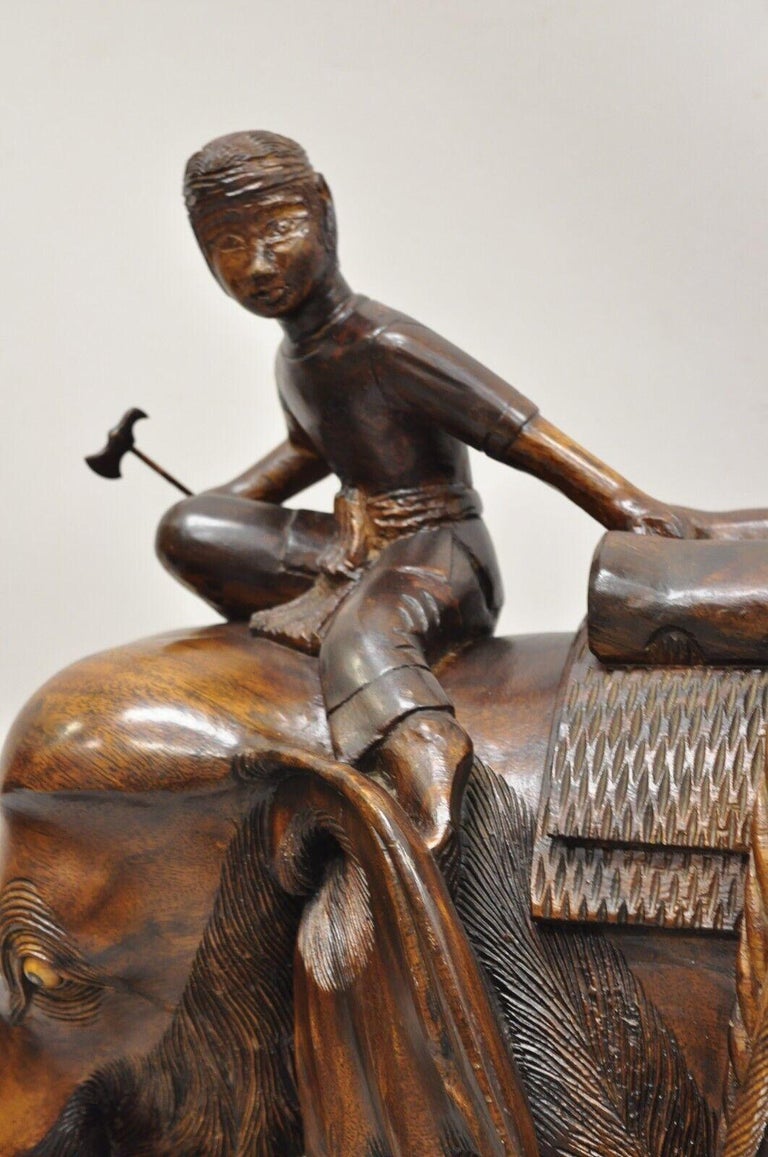 Large Carved Teak Wood Elephant Pulling Log Burmese Sculpture Figure ...