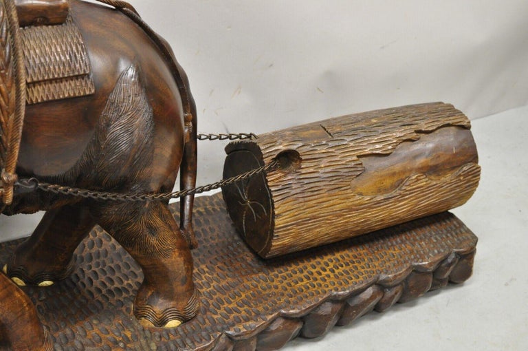 Large Carved Teak Wood Elephant Pulling Log Burmese Sculpture Figure ...