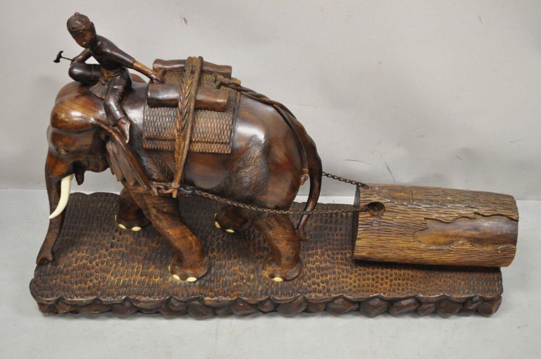 Large Carved Teak Wood Elephant Pulling Log Burmese Sculpture Figure ...