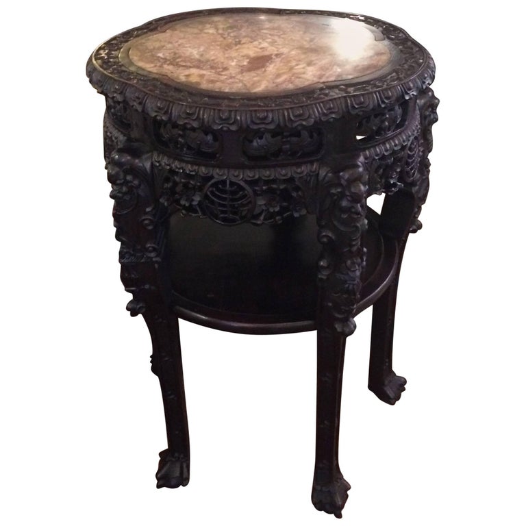 Large Carved Wood Asian Side Table with Inset Marble Top at 1stDibs