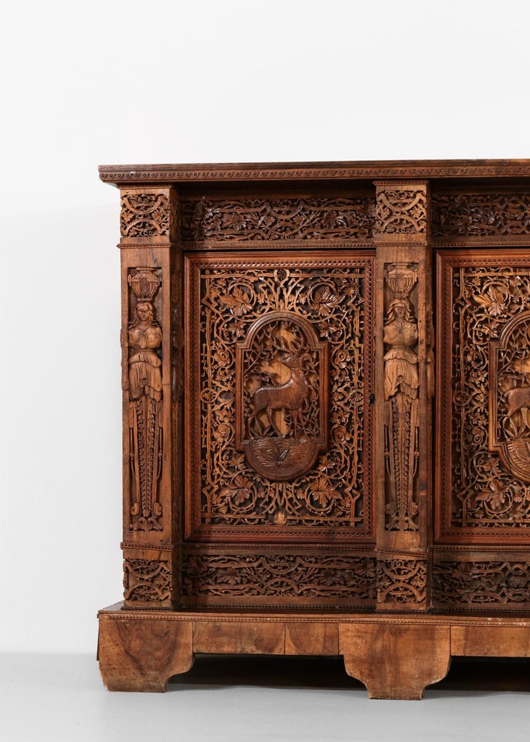 Large Carved Wood Cabinet "Hunter" Unique Piece For Sale at 1stDibs