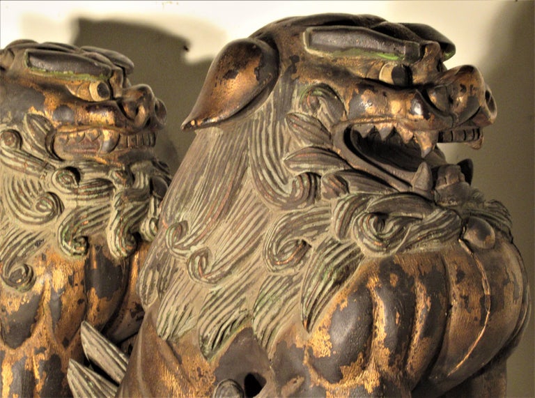Large Carved Wood Foo Dog Lion Statues at 1stDibs