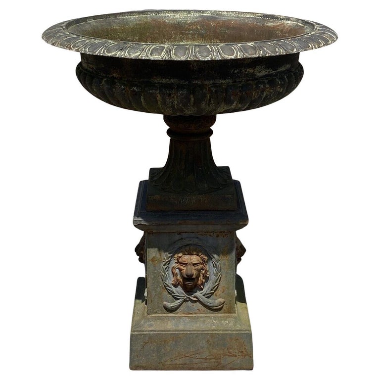Large Cast Iron Classical Lion Round Urn Outdoor Garden Planter on Base ...