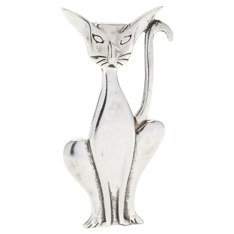 Large Cat Brooch, Sterling Silver, Persion Cat Brooch For Sale at 1stDibs